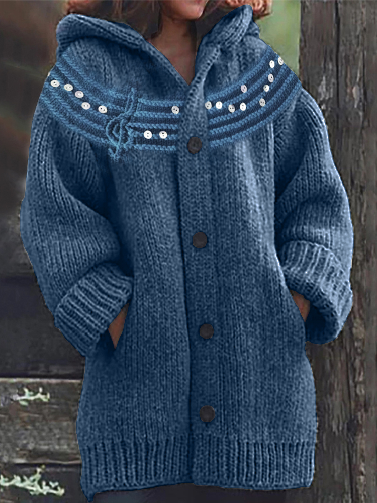 Treble Clef Music Notes Crochet Cozy Knit Hooded Cardigan Tourwardrobe