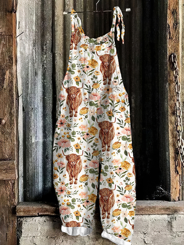 Highland Cow Print Linen Blend Jumpsuit – tourwardrobe