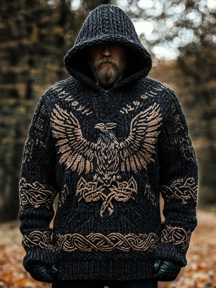 Men's Viking Raven Inspired Jacquard Cozy Hooded Sweater – sunmerr