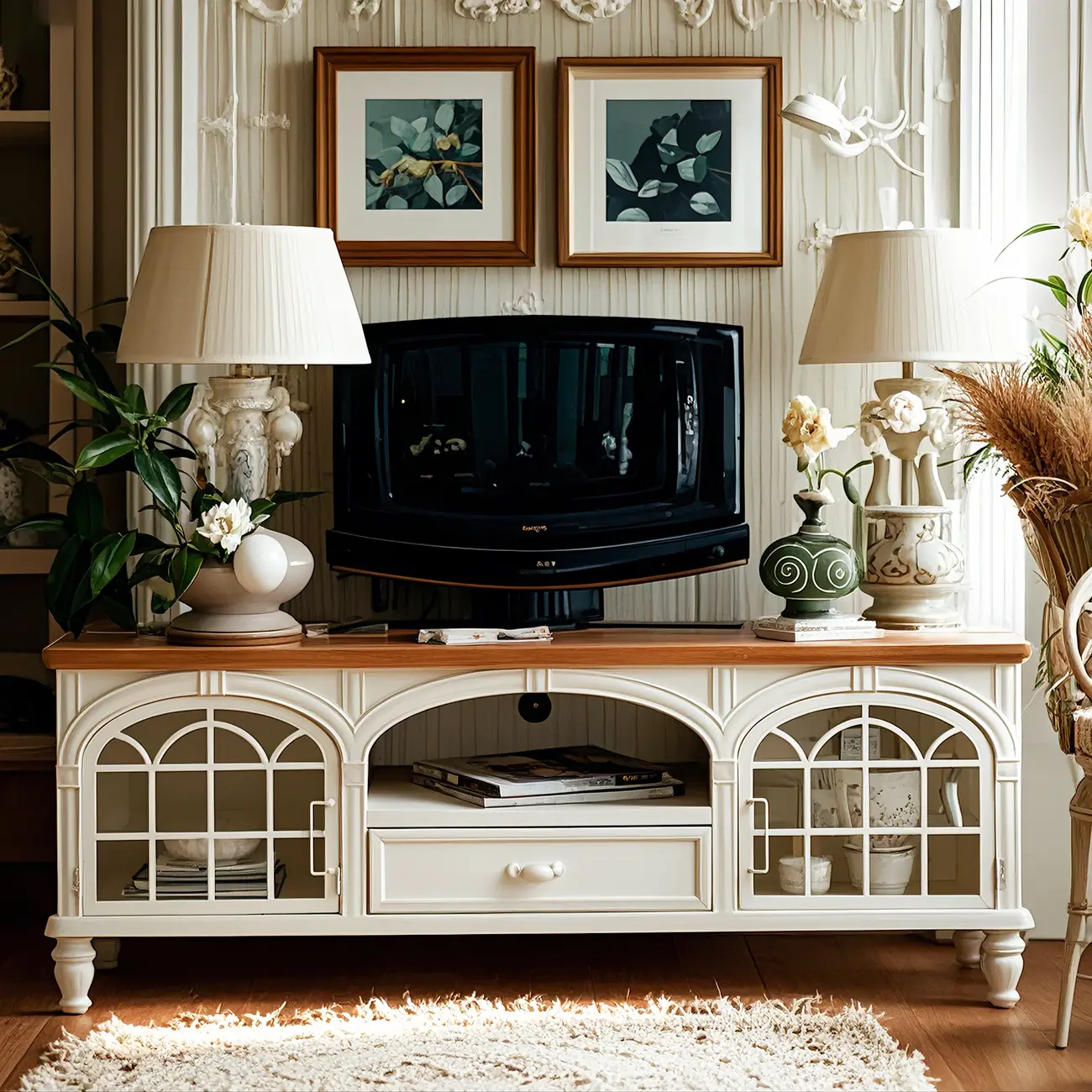 59" French Country Arched White Wood TV Stand with Storage - HomeyFad