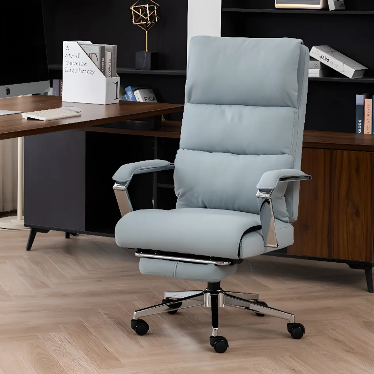 Upholstered Bule Leathaire Adjustable Swivel Office Chair | HomeyFad