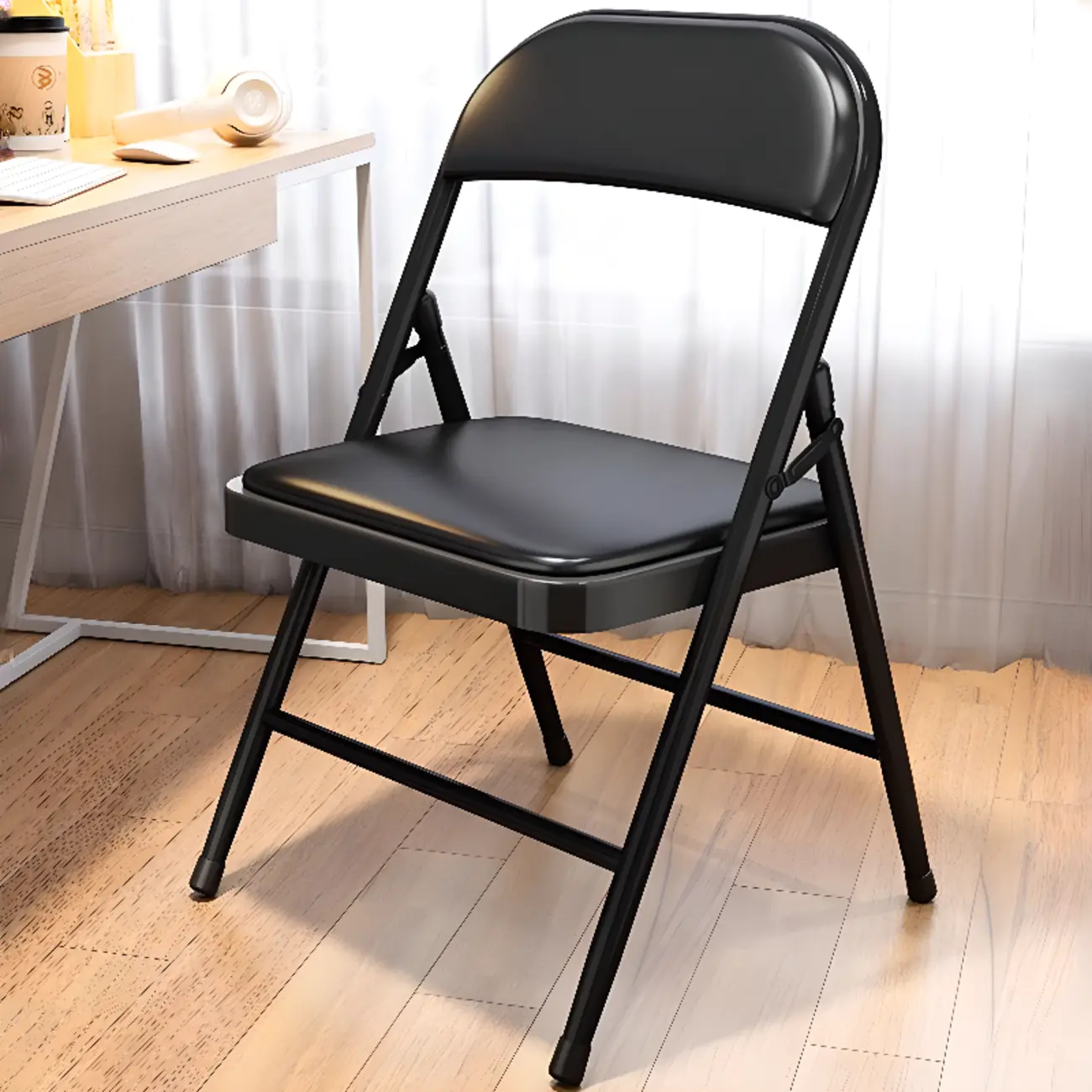 Minimalist Black Leather Metal Folding Office Chair | HomeyFad – HOMEYFAD