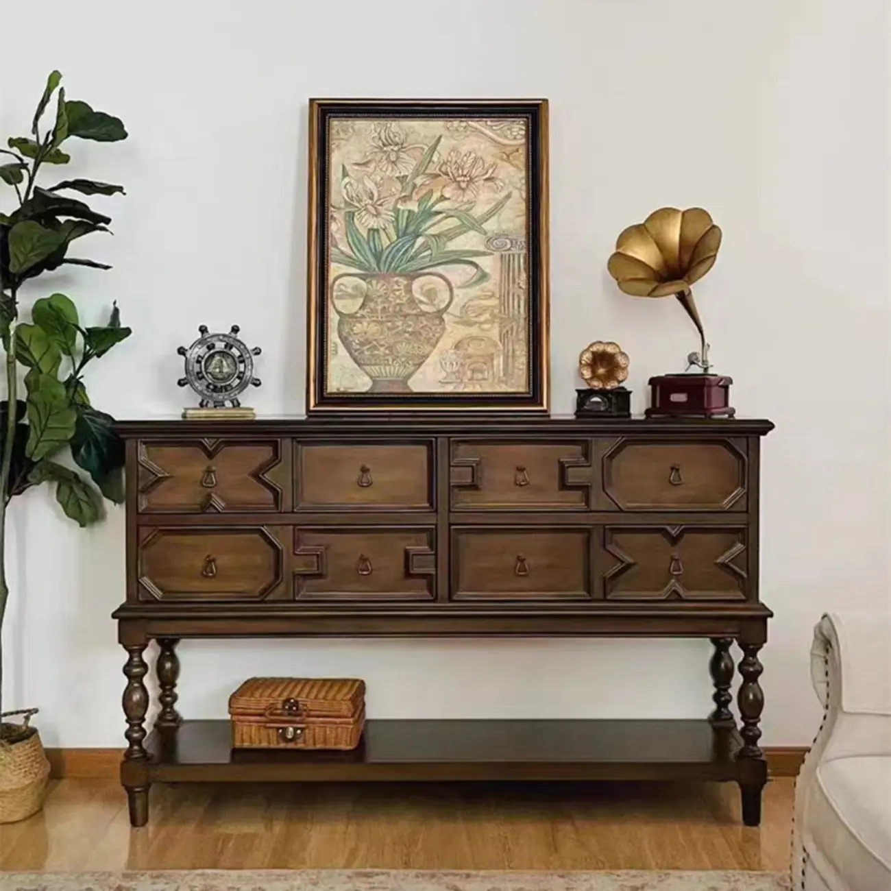 Walnut Wooden Storage Console Table with Floor Shelf