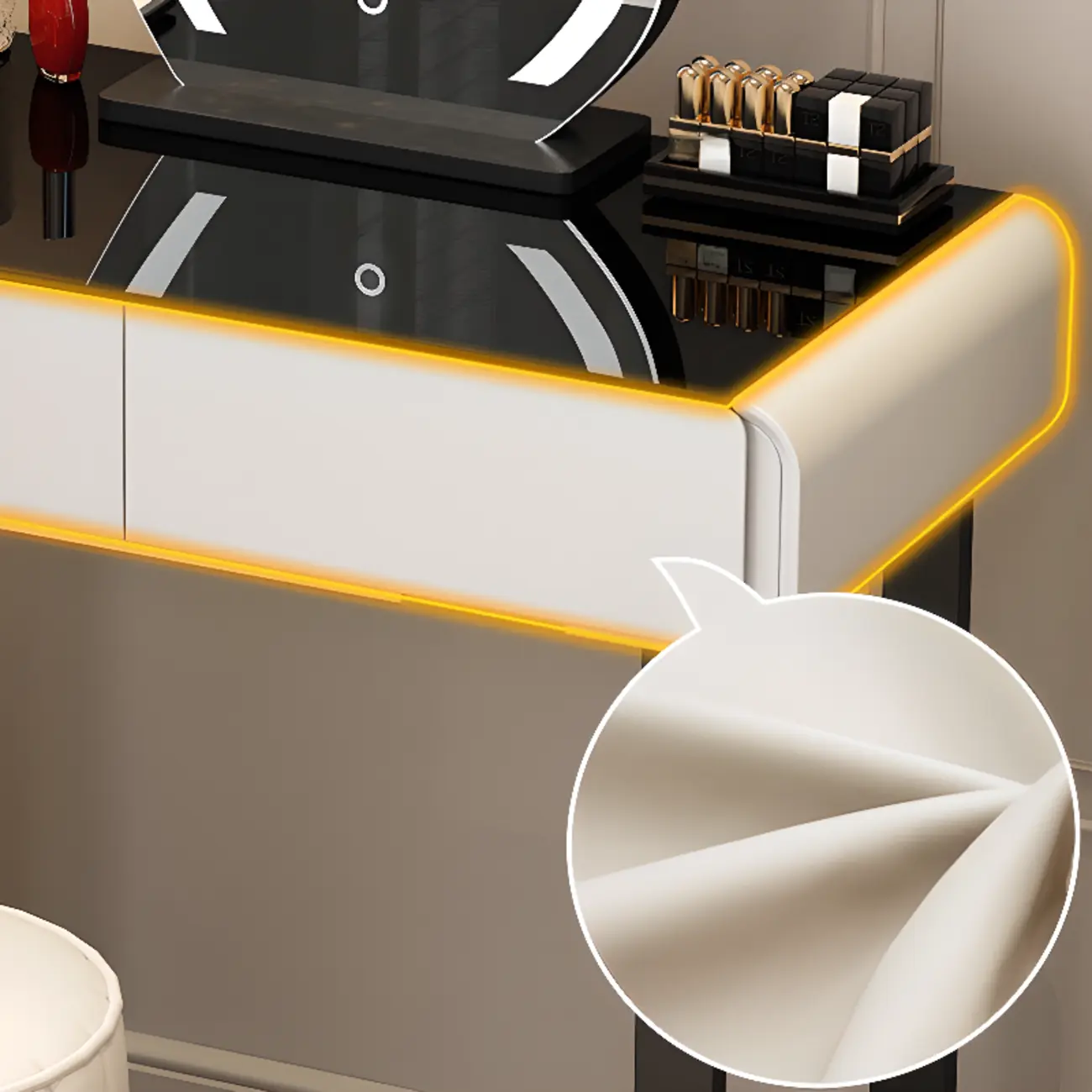 Push-Pull Wooden Makeup Vanity with Mirror & Sleek Edge | HomeyFad