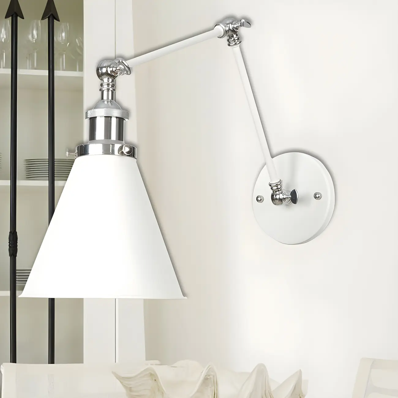 White Metal Adjustable Swing Arm Wall Light with Different Shade | HomeyFad