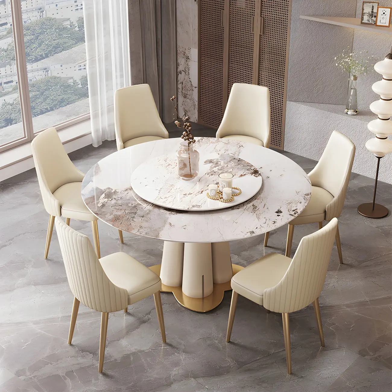 Round Slate White Dining Table with 6 Chairs | HomeyFad – HOMEYFAD