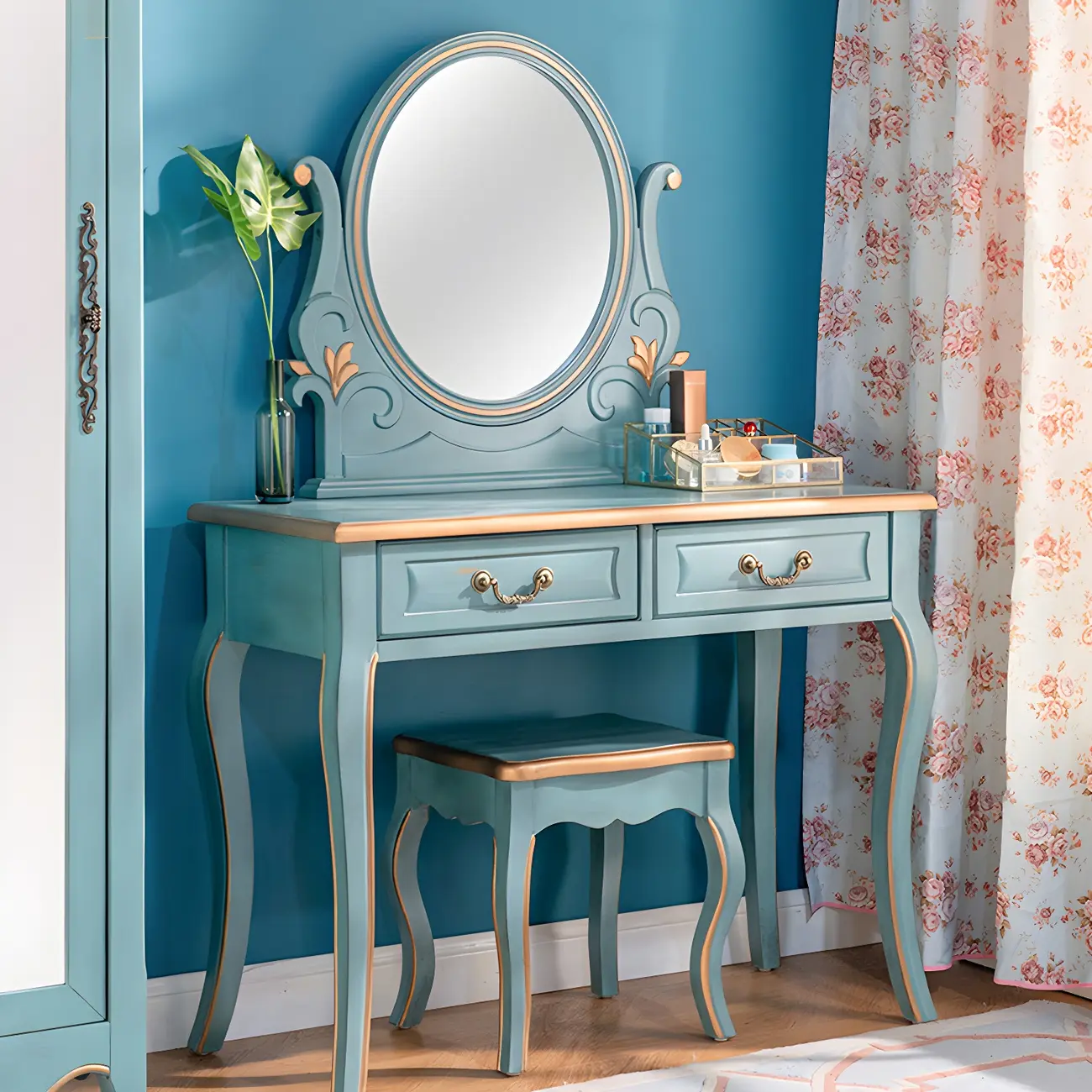 Victorian Wood Blue Makeup Vanity with Mirror & Drawer | HomeyFad ...