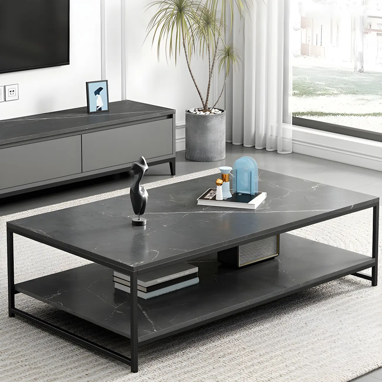 2 Tiers Black Wood Rectangle Coffee Table with Shelf | HomeyFad – HOMEYFAD
