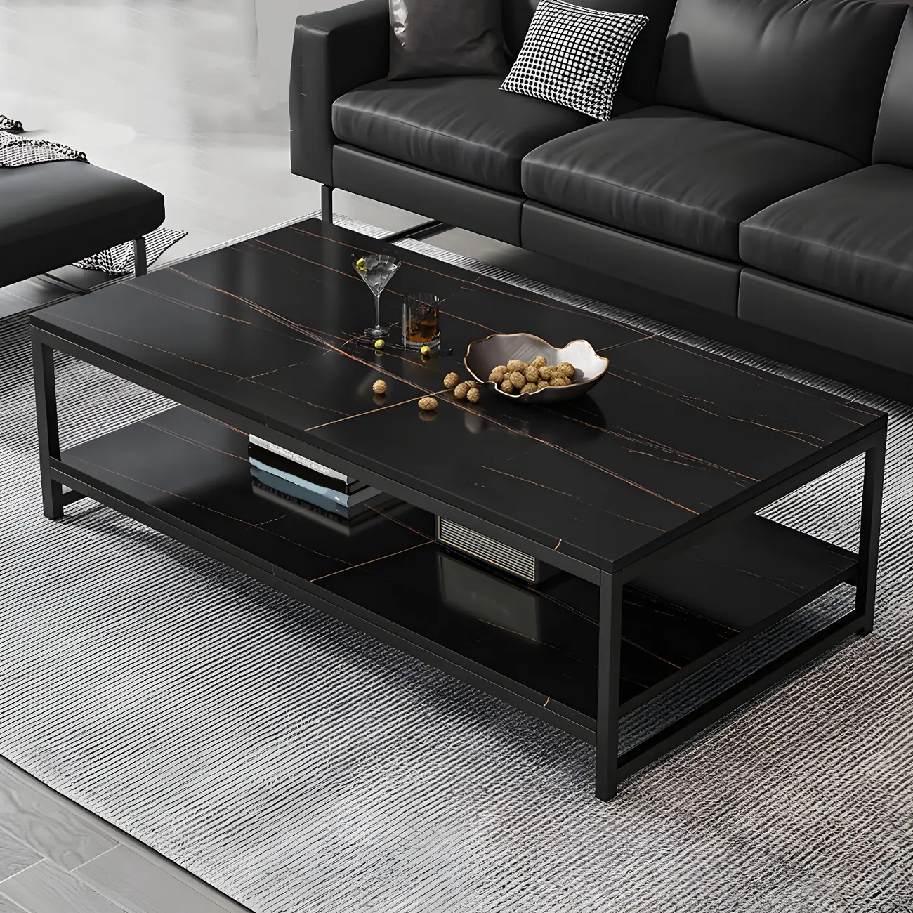 2 Tiers Black Wood Rectangle Coffee Table with Shelf | HomeyFad – HOMEYFAD