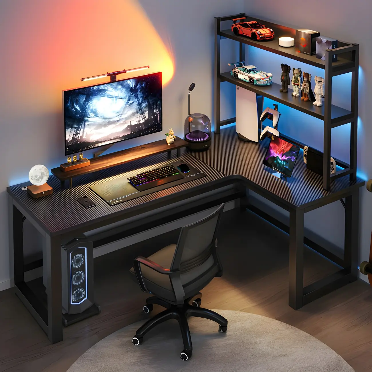 Black Metal L-Shaped Office Computer Desk with CPU Storage | HomeyFad ...