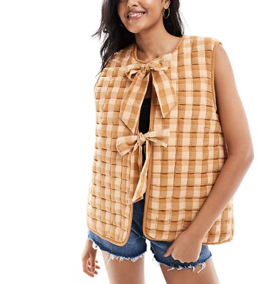Brown Gingham Bow Quilted Vest – Zephyrol