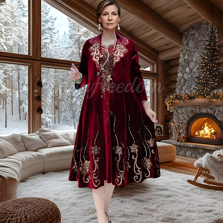 Vintage Floral Embroidered Party Dress Jacket Two Piece Set