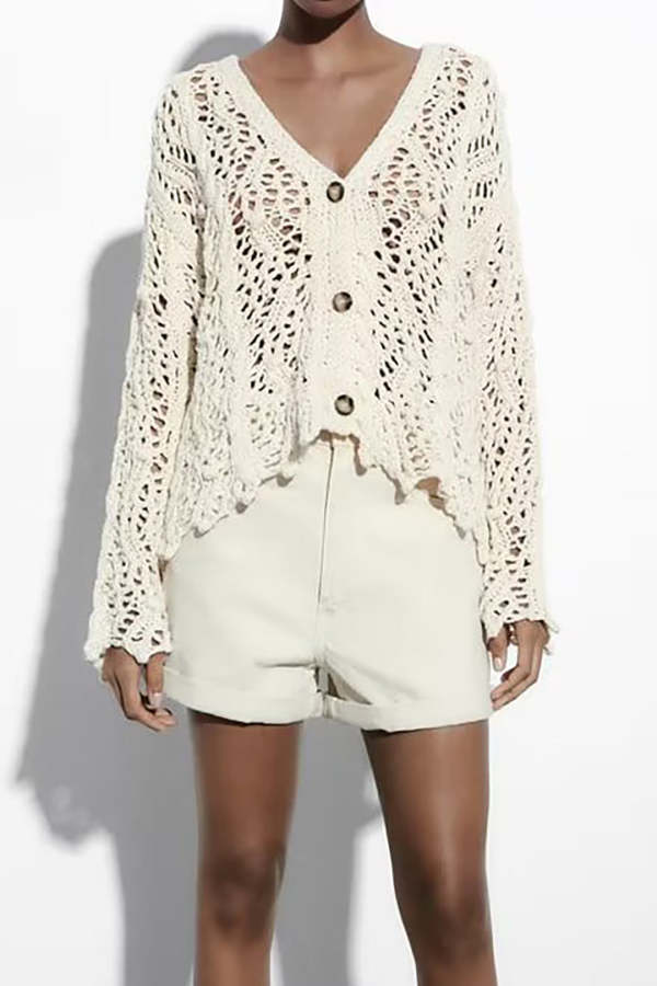 Button Up V-neck Open Knit Top – Lebdu