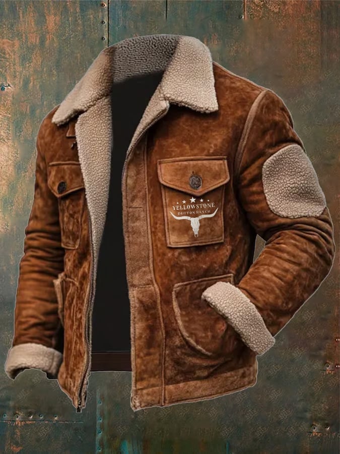 Men's Vintage Suede Patchwork Lamb Fleece Multi-Pocket Reverse Collar