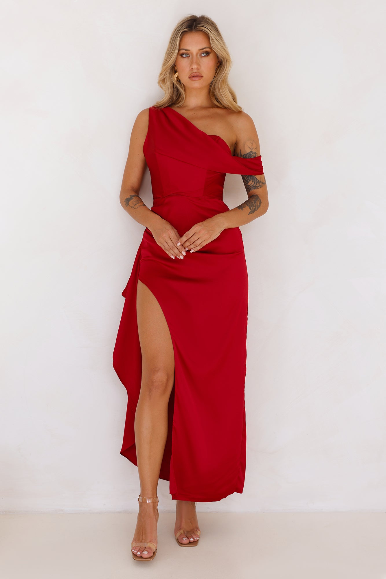 Nightfall Event Off Shoulder Satin Maxi Dress Red Oumaite