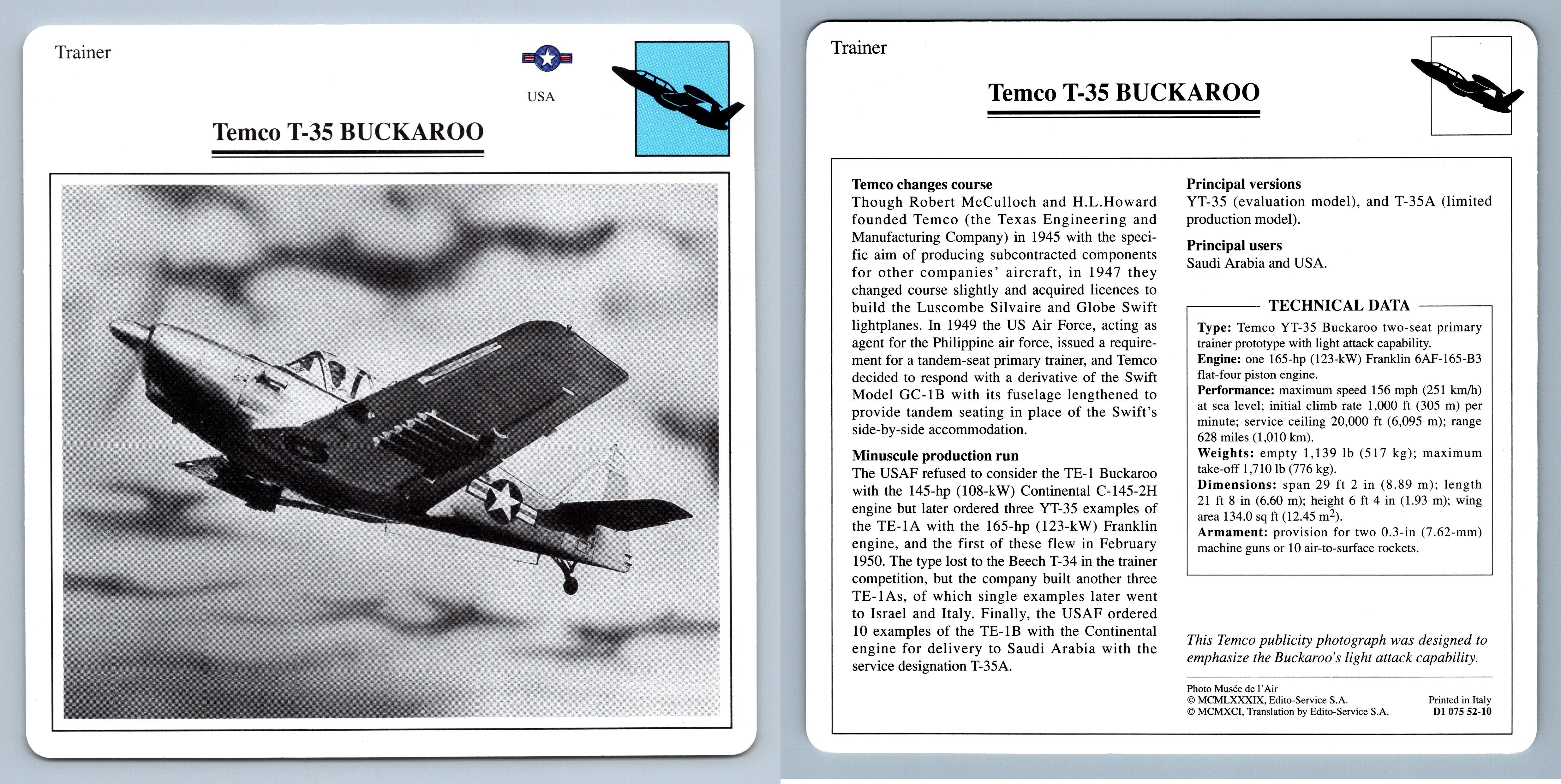 Temco T-35 Buckaroo - Trainer - Warplanes Collectors Club Card ...