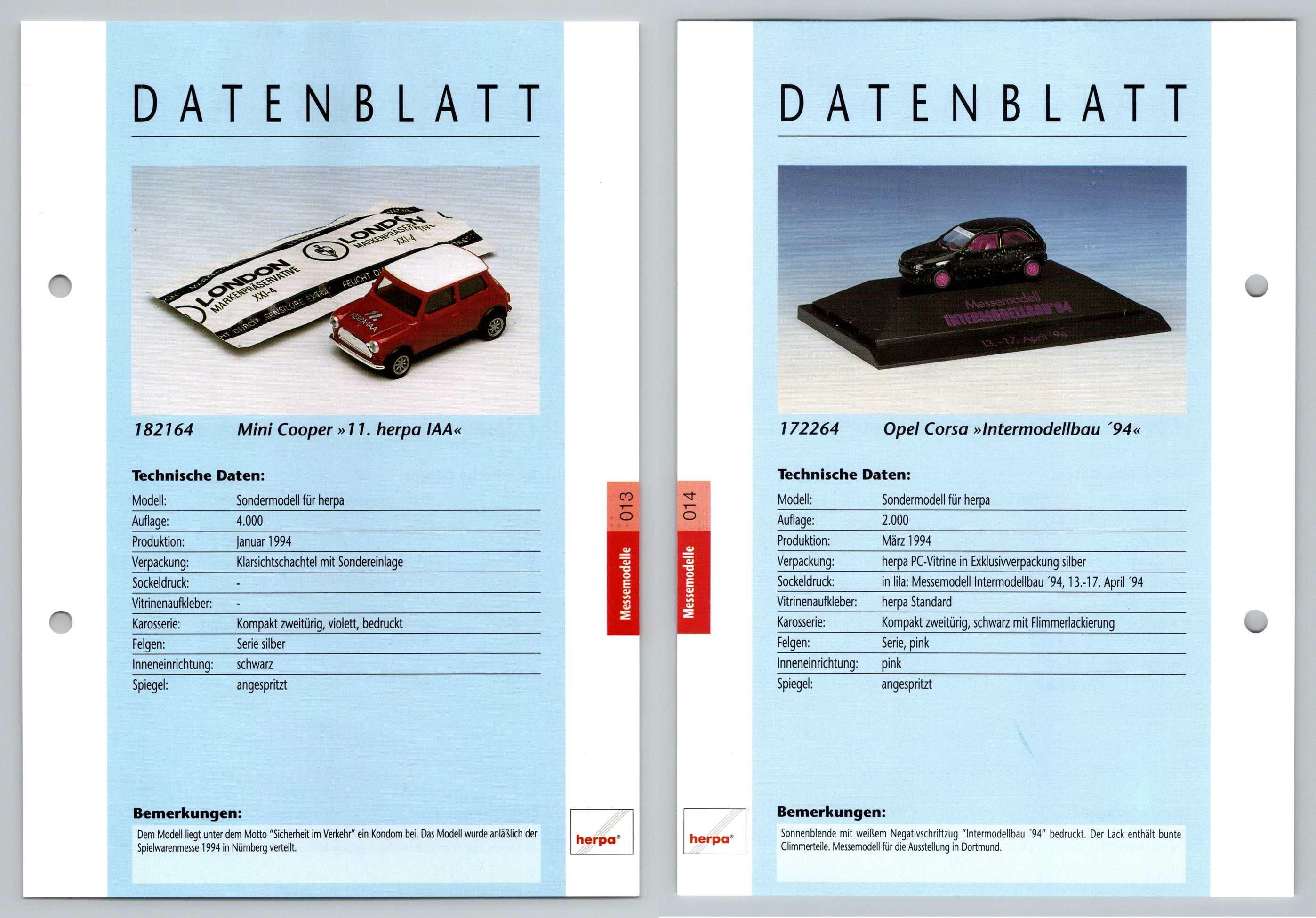 Mini Cooper / Opel Corsa #13/14 Messemodelle - Herpa Data Sheet ...