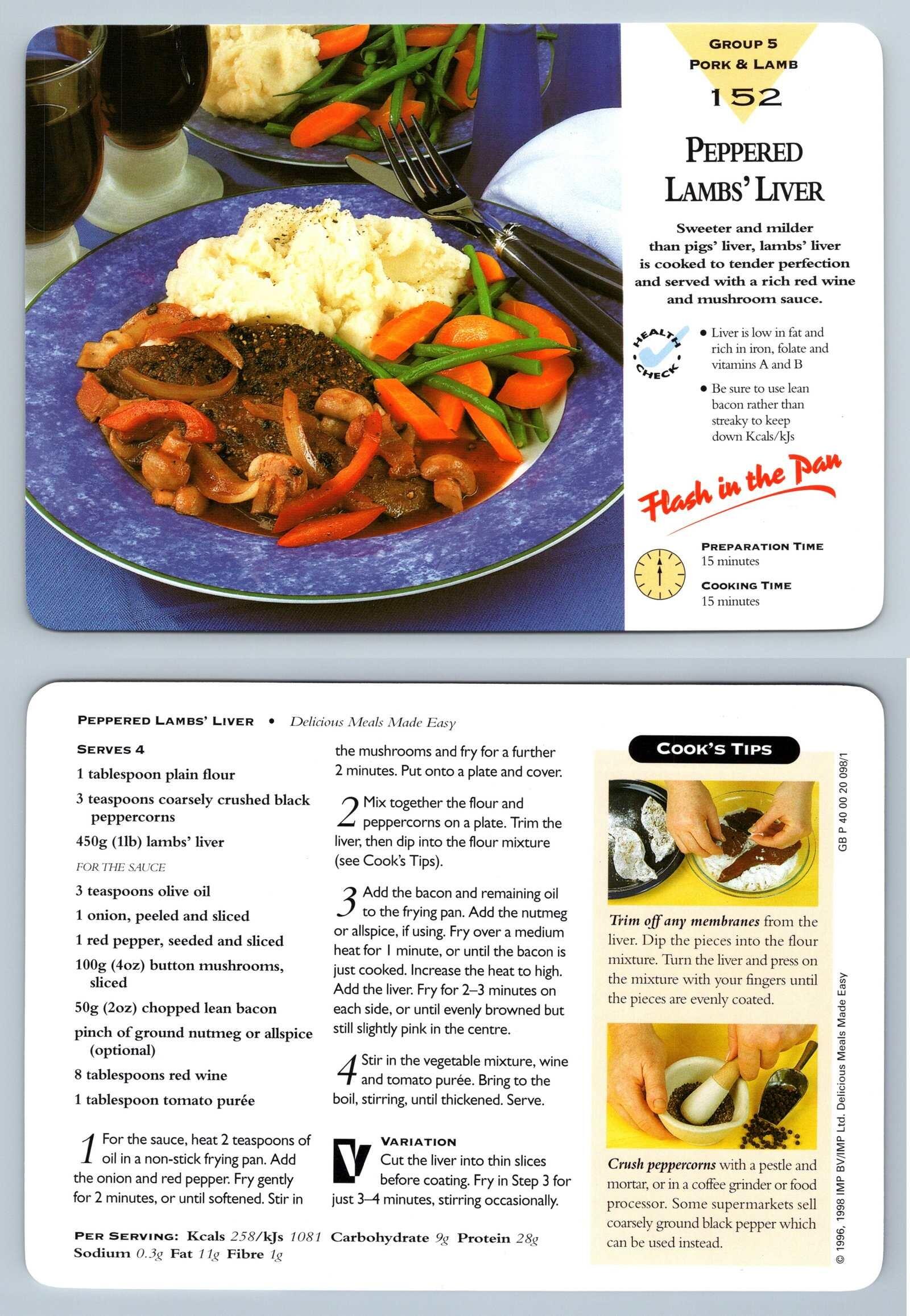 Peppered Lambs Liver #152 Pork/Lamb - Delicious Meals Made Easy 1996 R ...