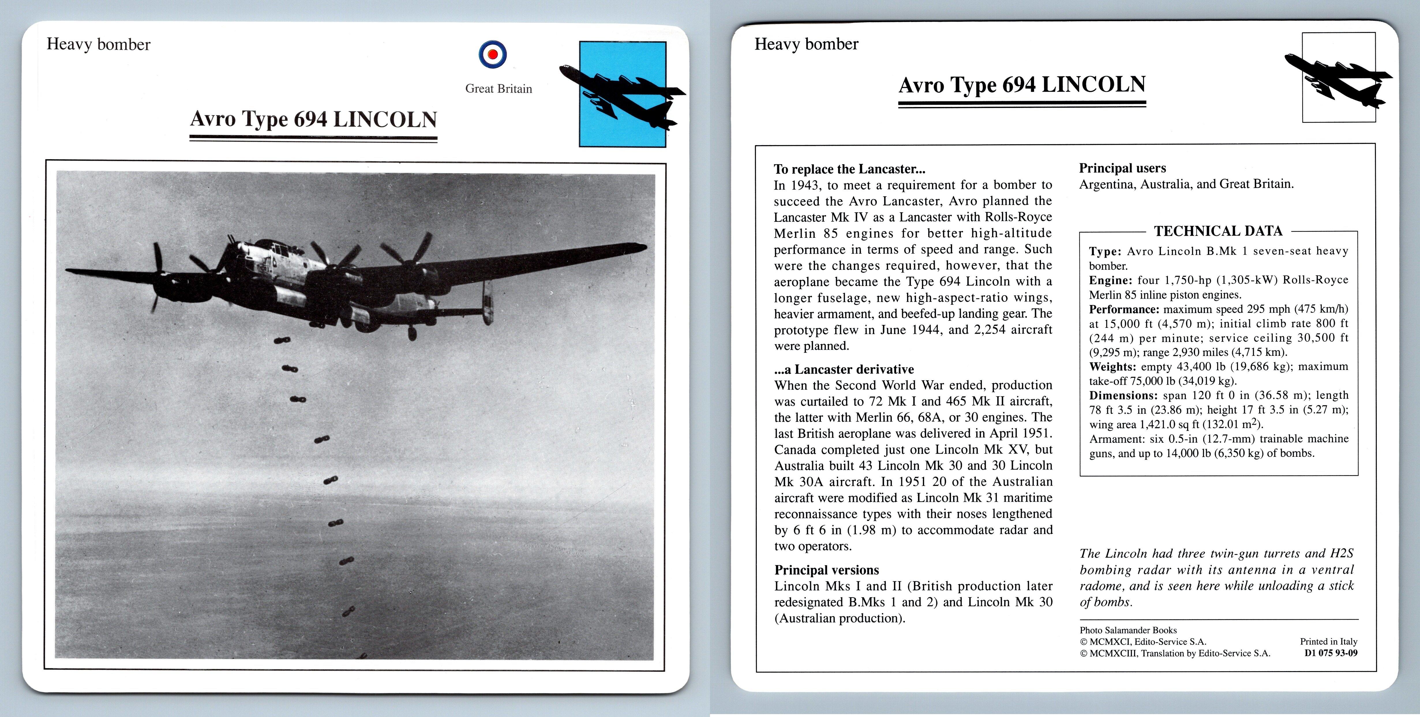Avro Type 694 Lincoln - Heavy Bomber - Warplanes Collectors Club Card ...
