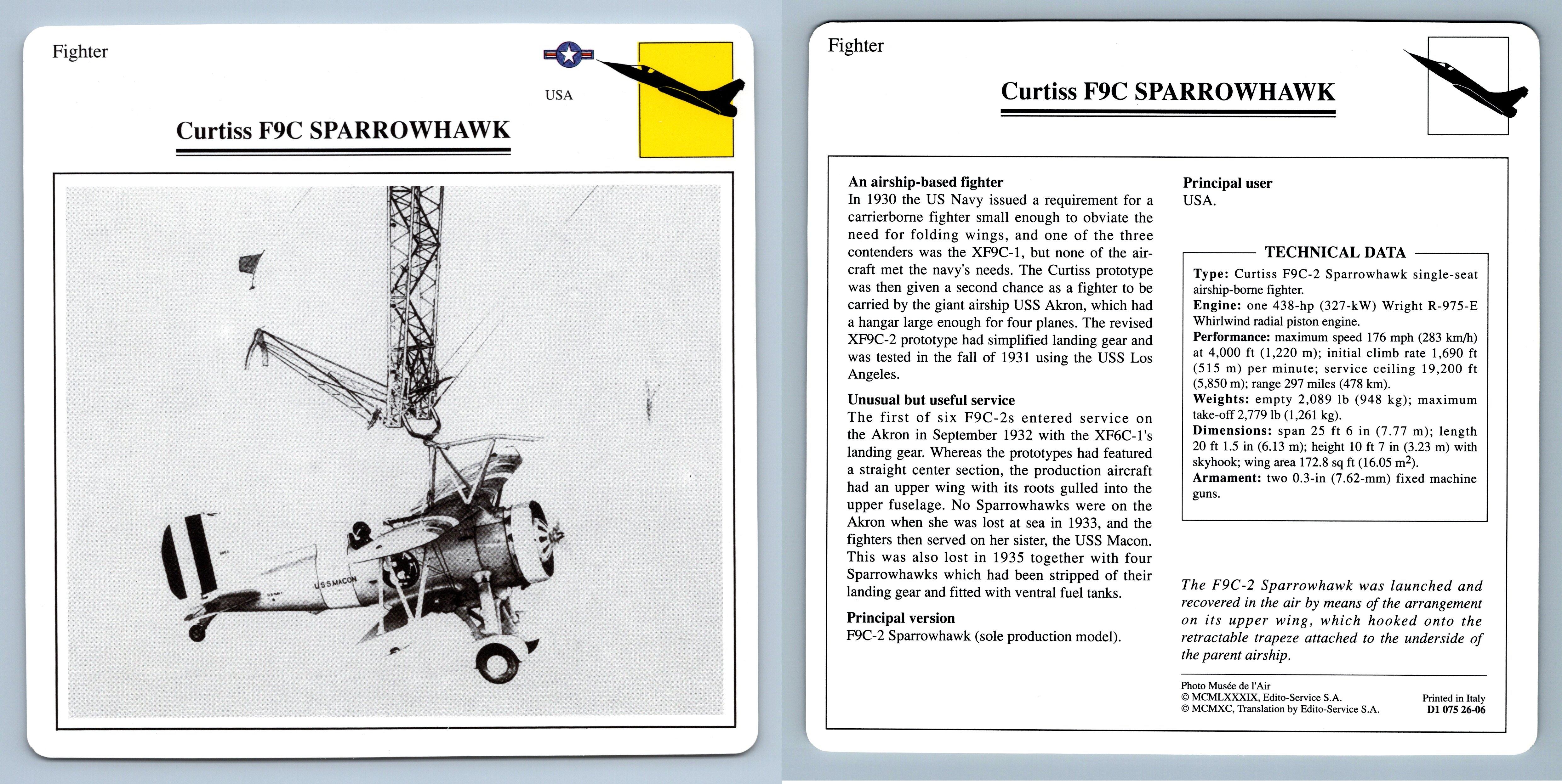 Curtiss F9C Sparrowhawk - Fighter - Warplanes Collectors Club Card ...