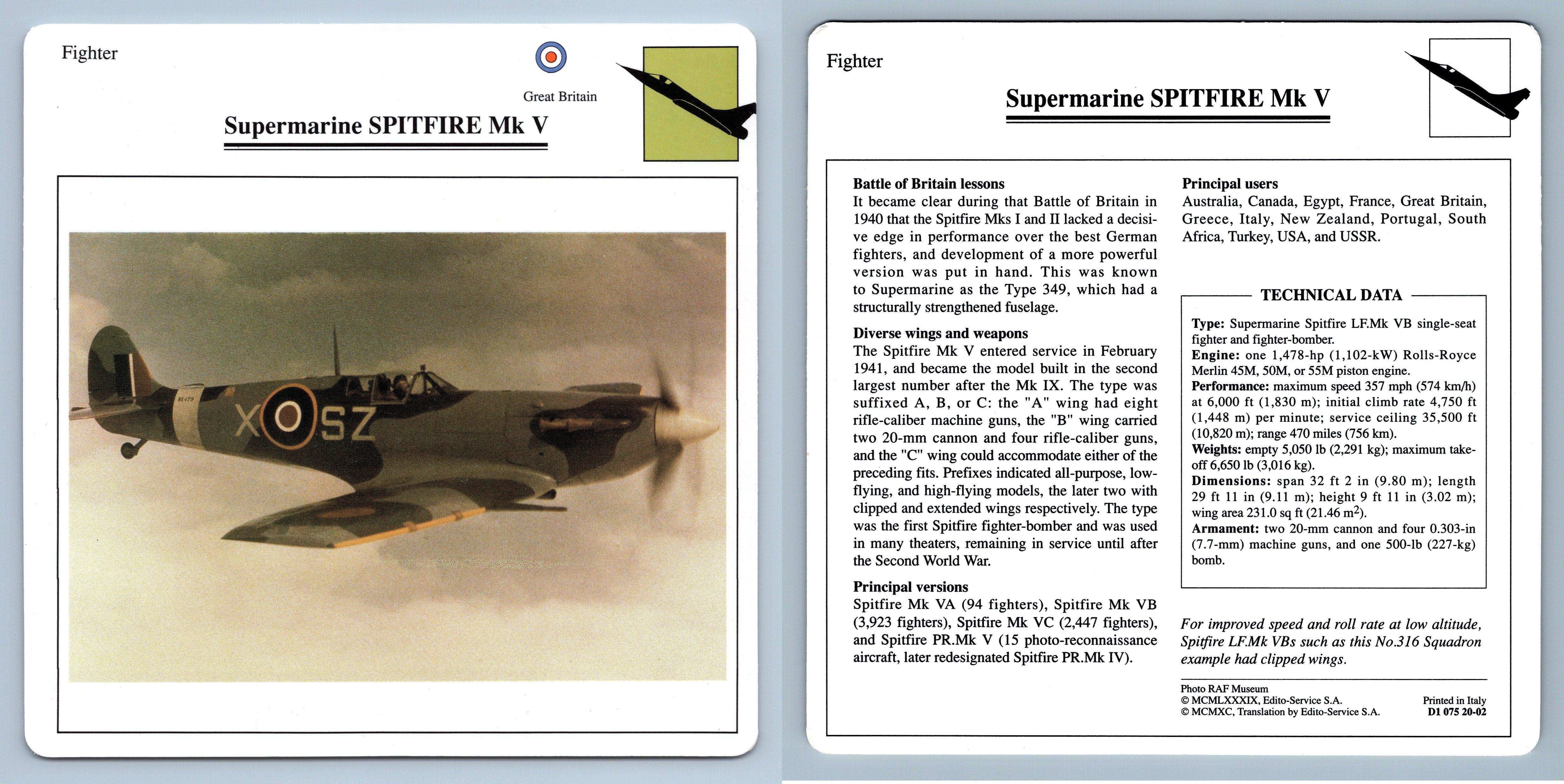 Supermarine Spitfire Mk V - Fighter - Warplanes Collectors Club Card ...