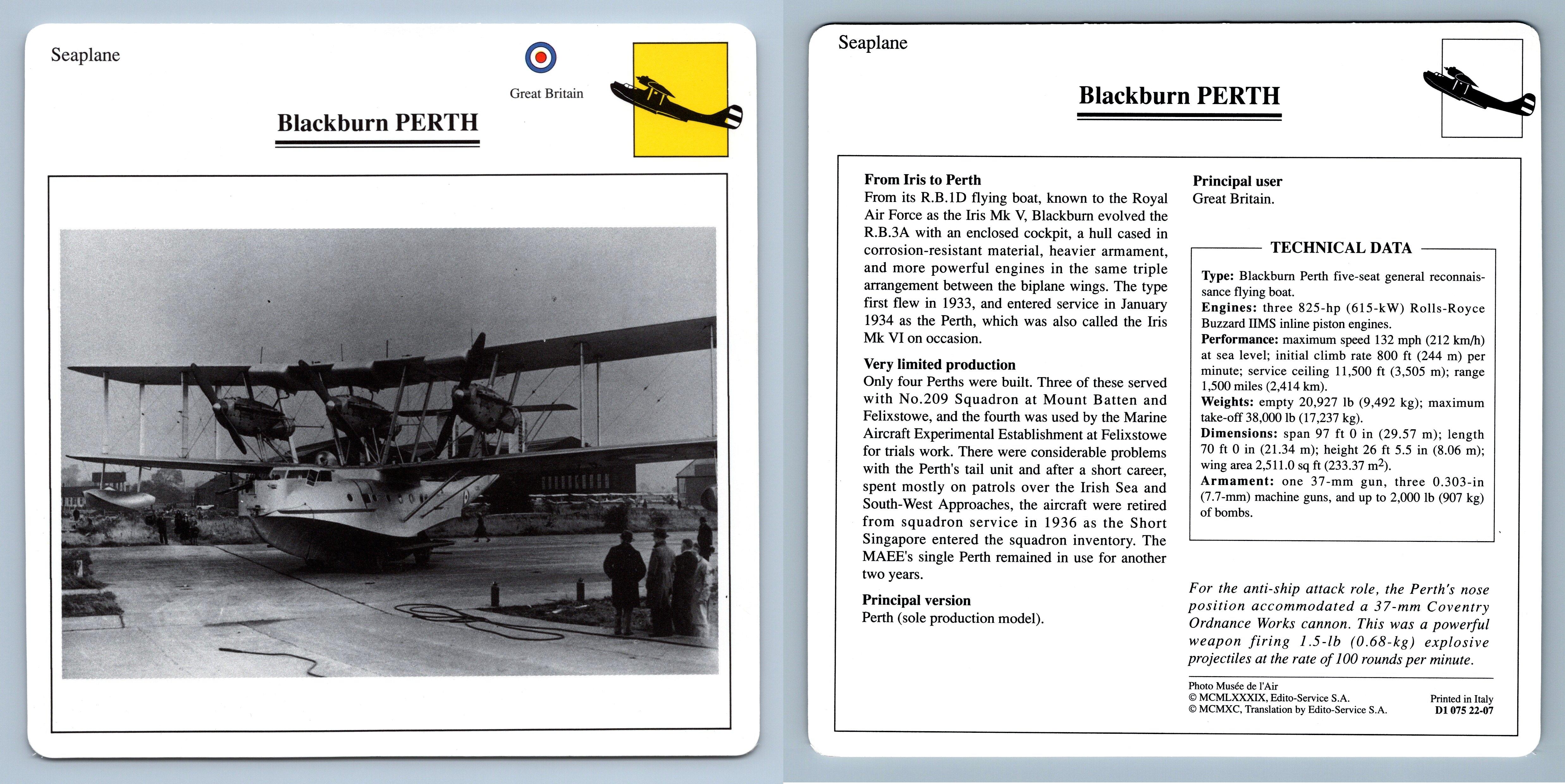 Blackburn Perth - Seaplane - Warplanes Collectors Club Card – Breakoutcards