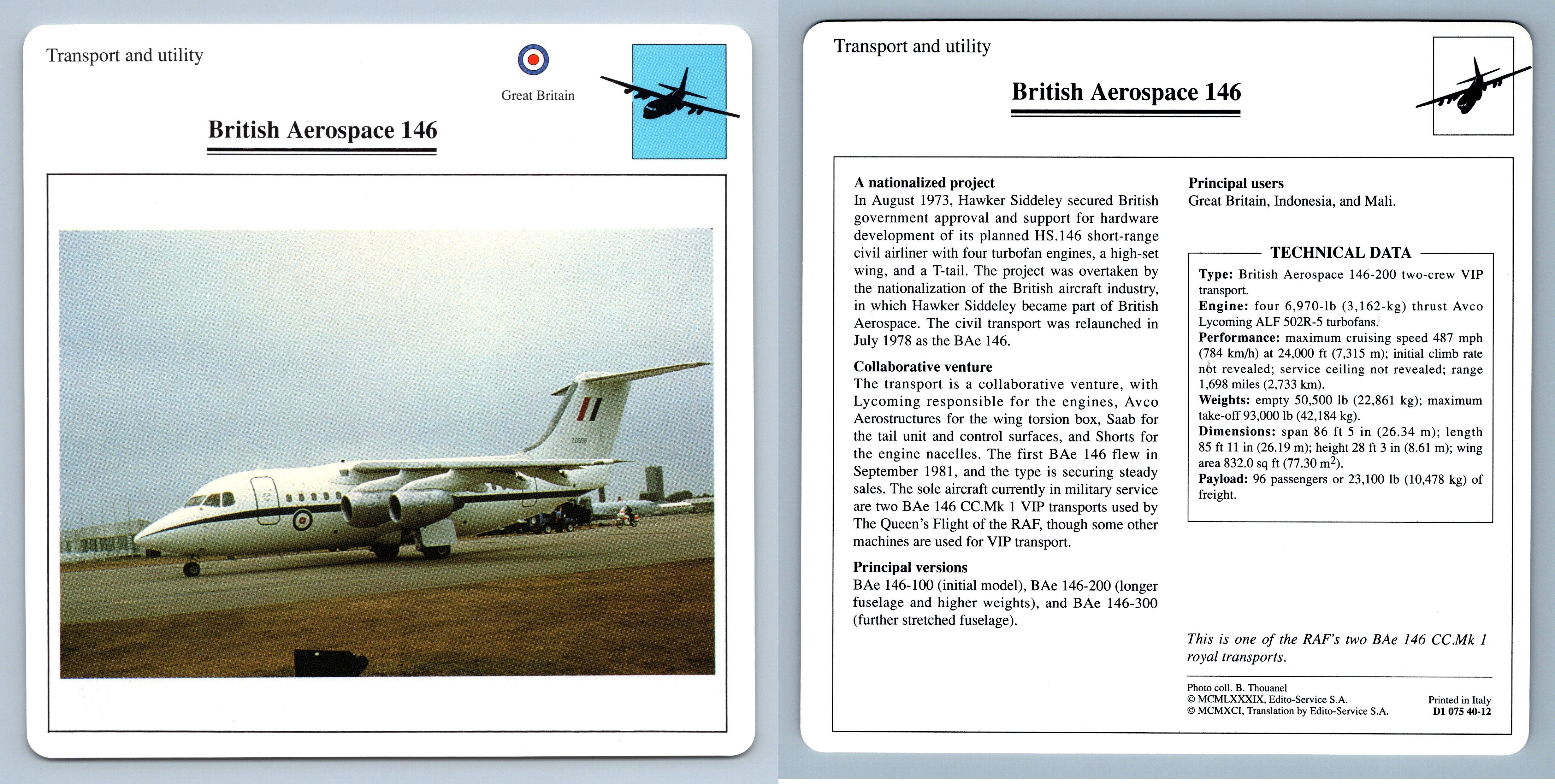 British Aerospace 146 - Transport - Warplanes Collectors Club Card ...