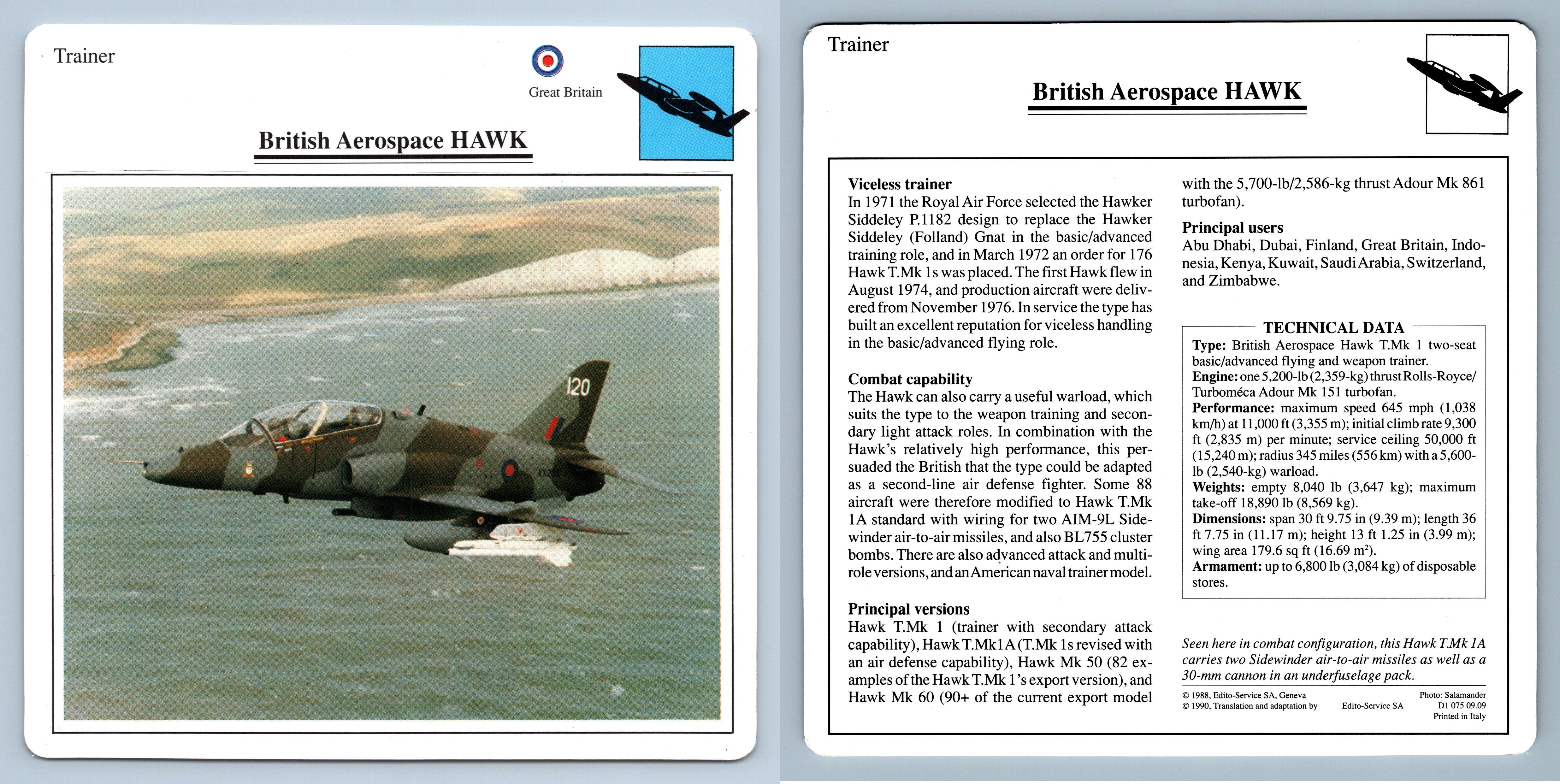 British Aerospace Hawk - Trainer - Warplanes Collectors Club Card ...