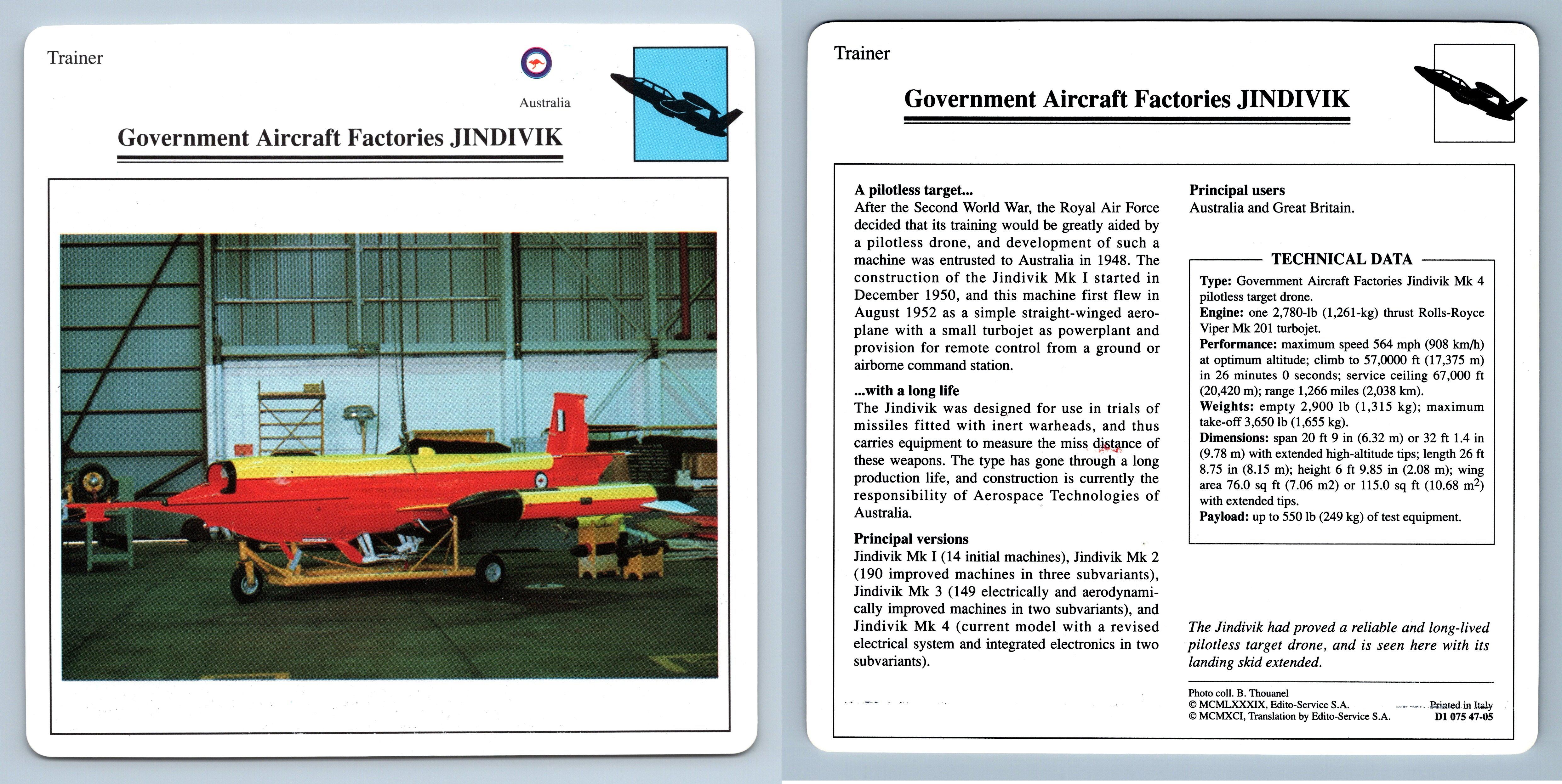 Gov. Aircraft Factories Jindivik - Trainer - Warplanes Collectors Club ...