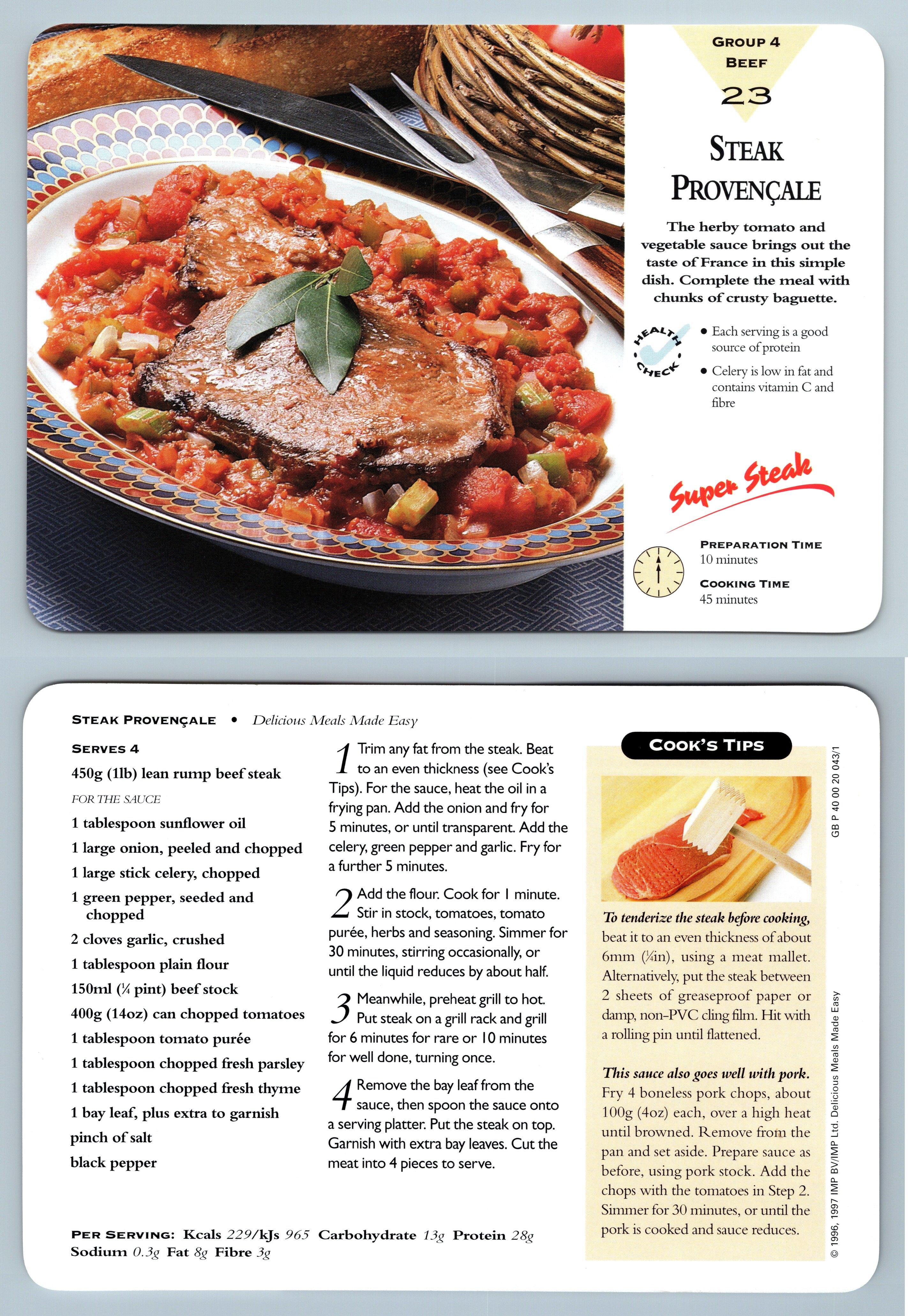 Steak Provencale #23 Beef - Delicious Meals Made Easy 1996-7 Recipe Ca ...