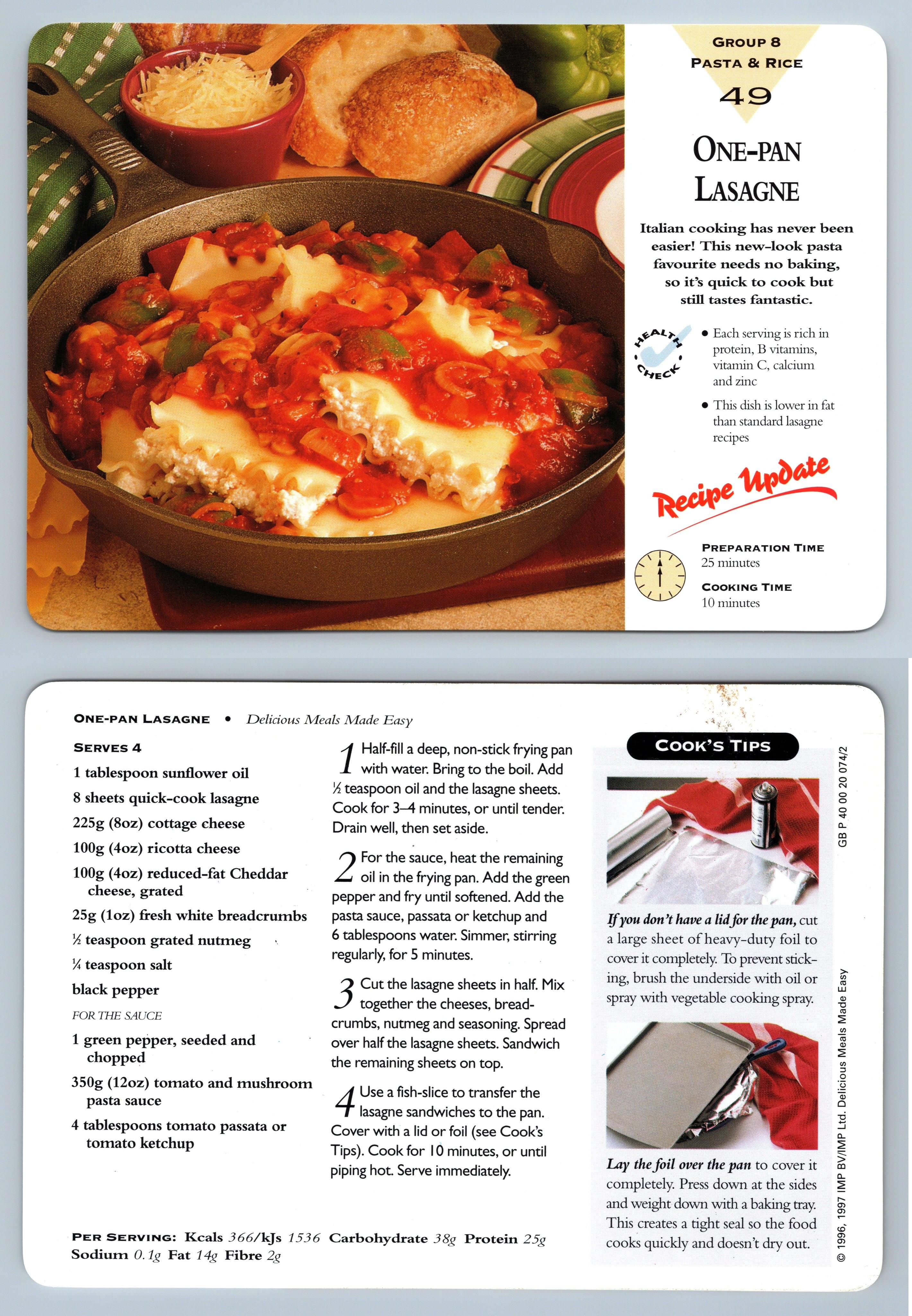 One-Pan Lasagne #49 Pasta/Rice - Delicious Meals Made Easy 1996-7 Reci ...