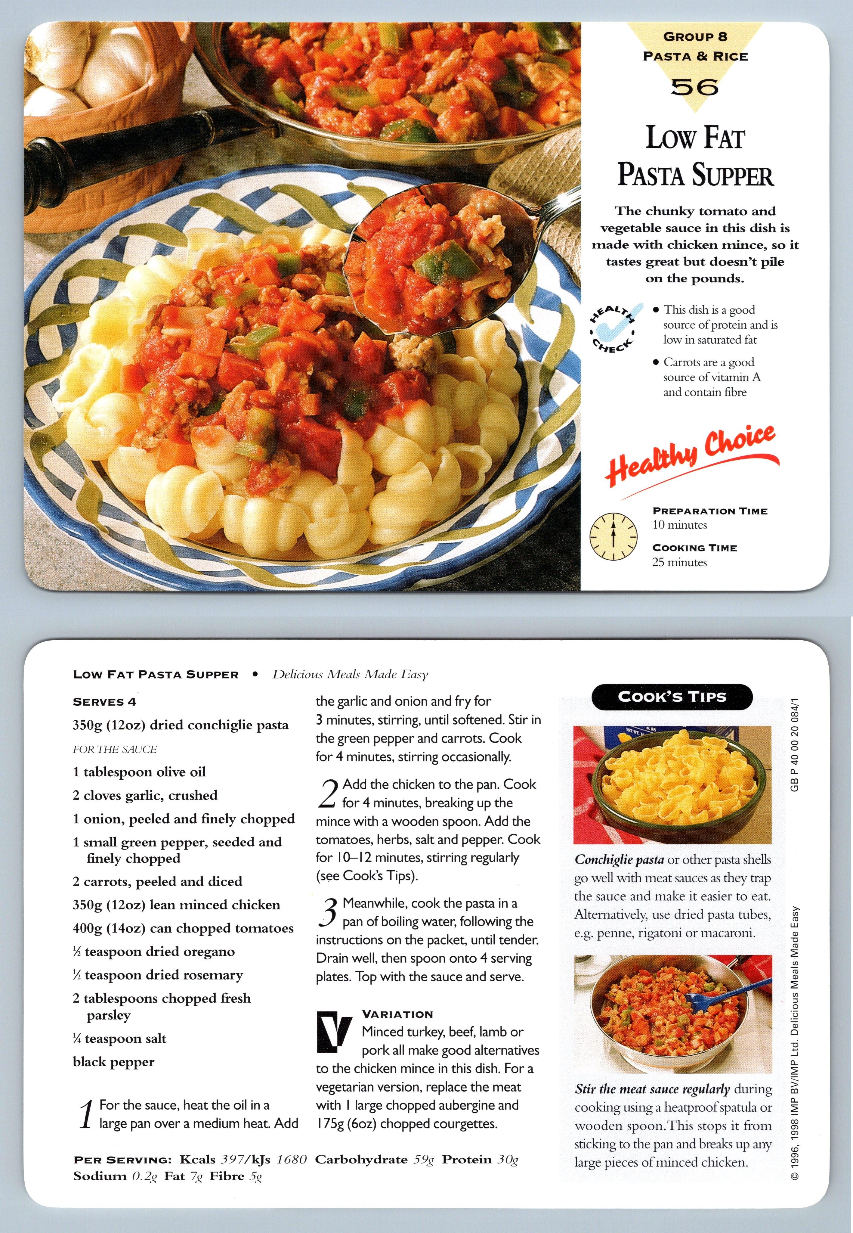 Low Fat Pasta Supper #56 Pasta/Rice Delicious Meals Made Easy 1996 Rec ...