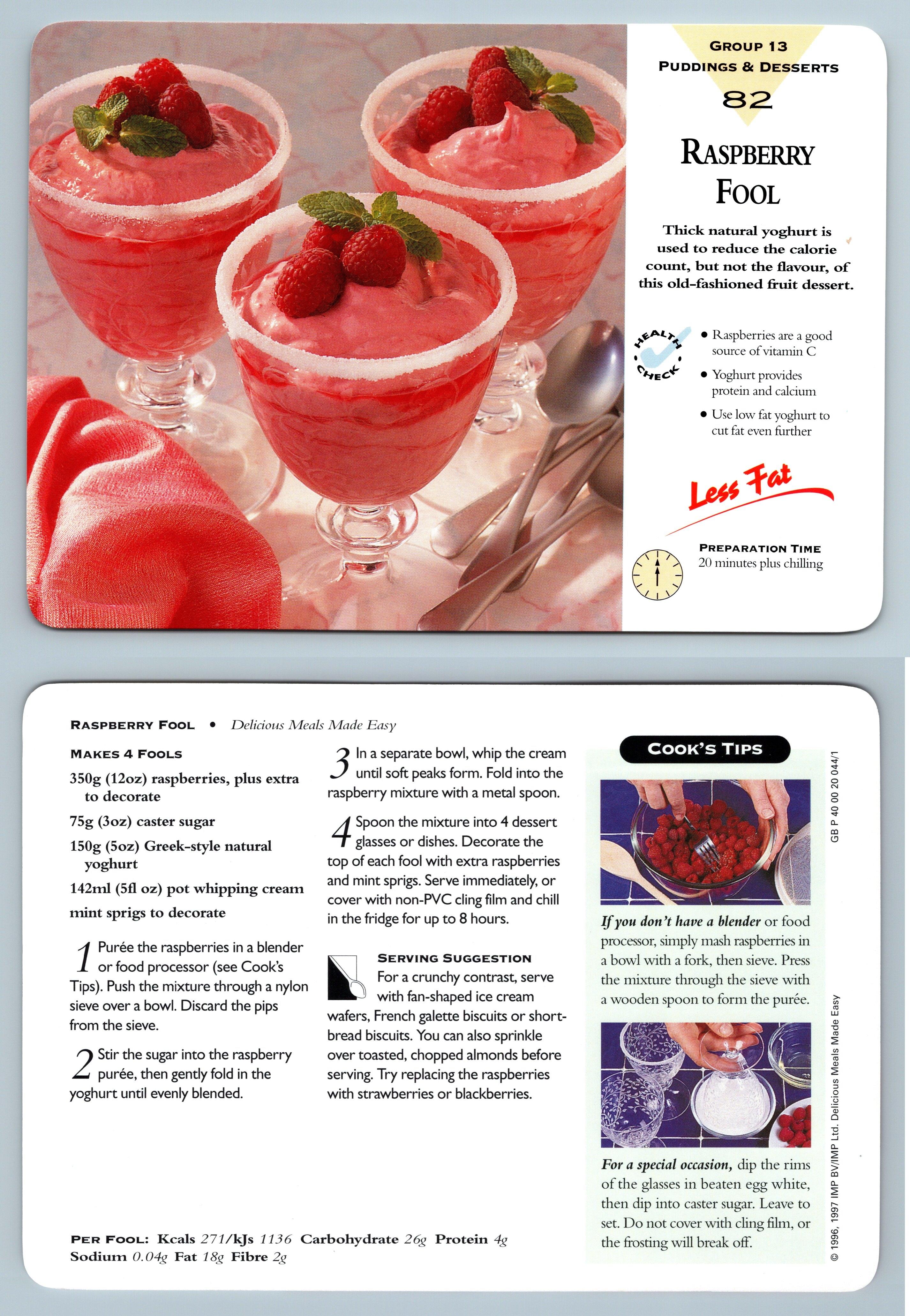 Raspberry Fool #82 Puddings Delicious Meals Made Easy 1996-7 Recipe Ca ...