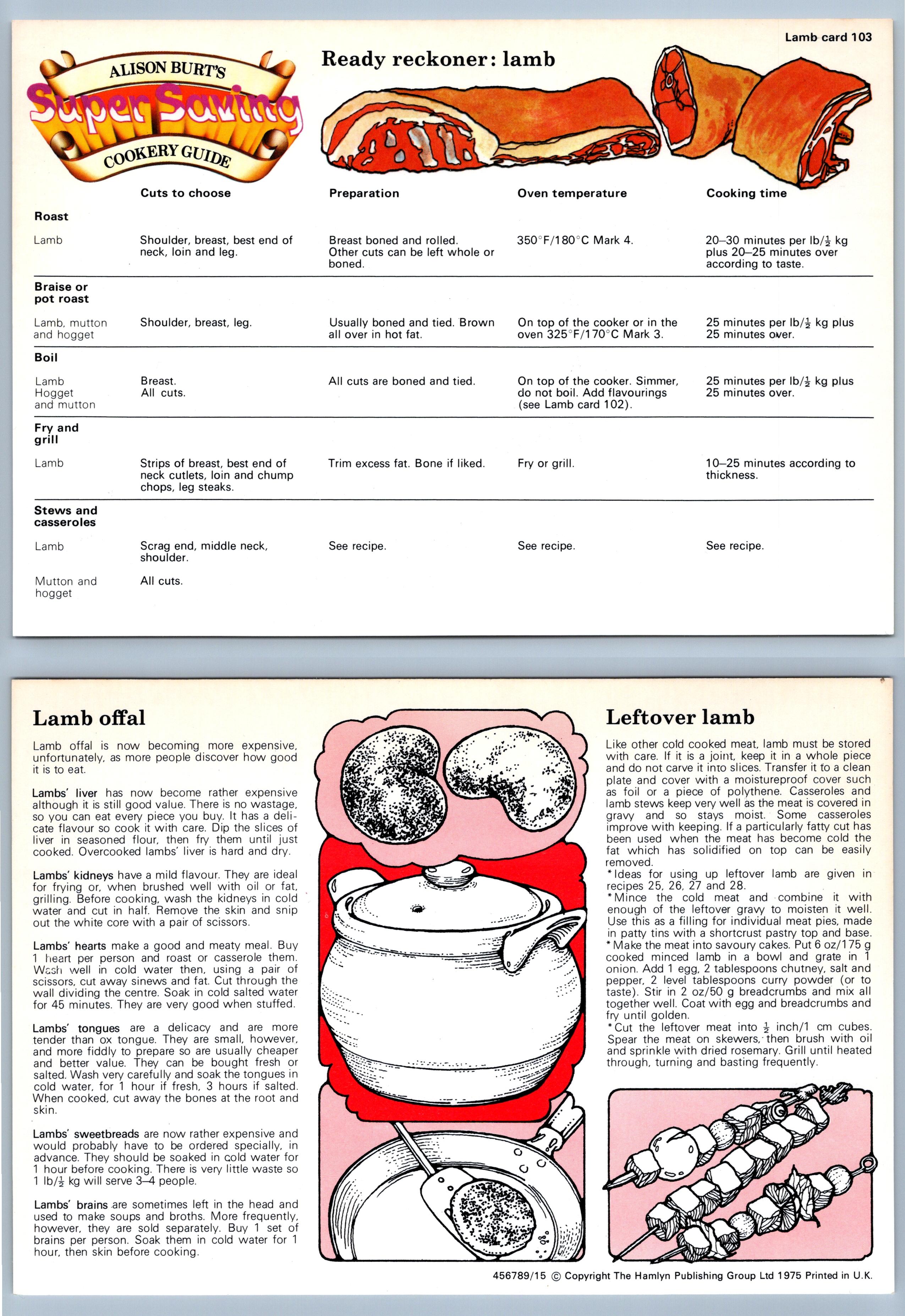 Ready Reckoner : Lamb #103 Alison Burts Super Saving Cookery Guide Rec ...
