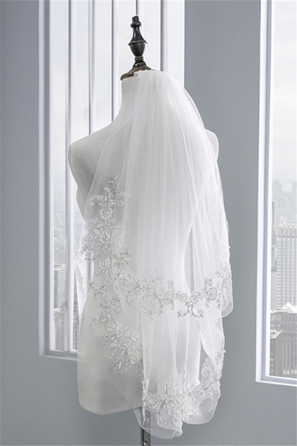 BMbridal Floral Pretty Tulle Lace Cut Edge Wedding Veil with Appliques