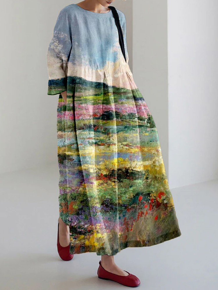 Flowers and Hills Landscape Art Linen Blend Maxi Dress – zeninscape