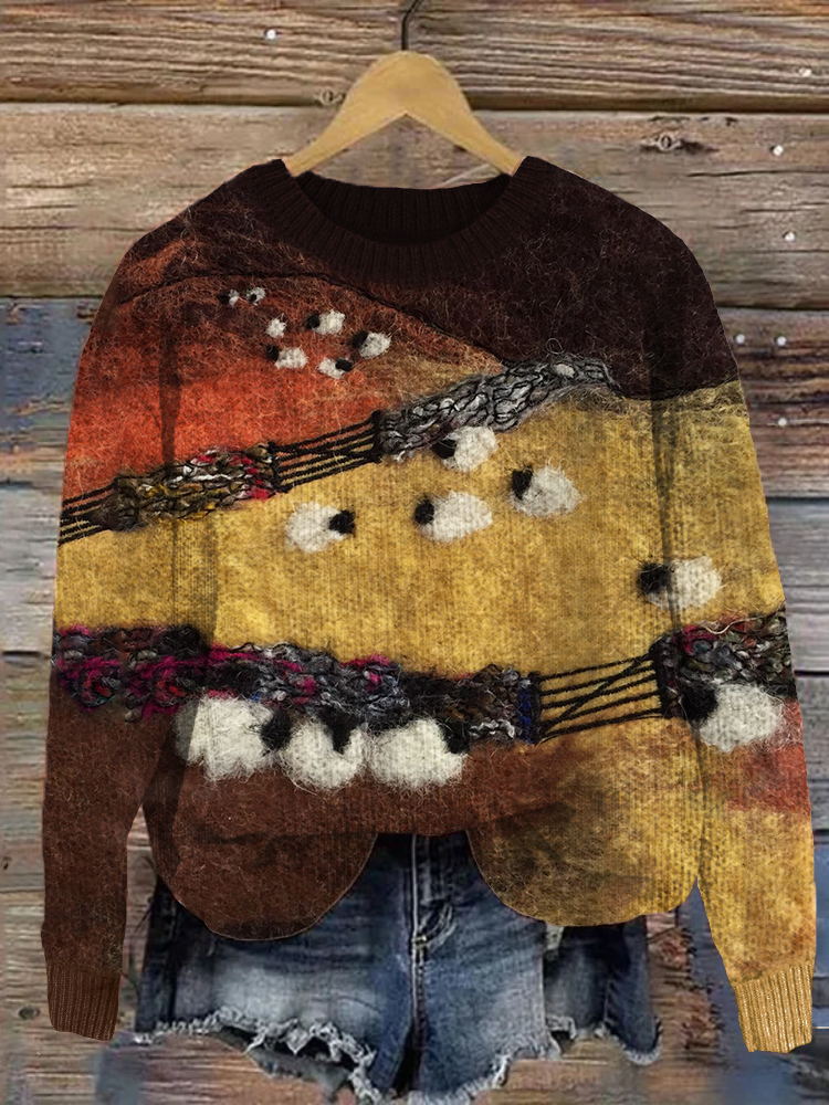 Sheep Farm Landscape Felt Art Cozy Sweater – zeninscape