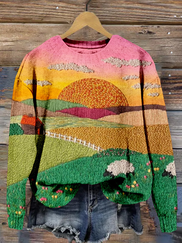 Sheep Farm Landscape Embroidery Art Cozy Sweater – zeninscape