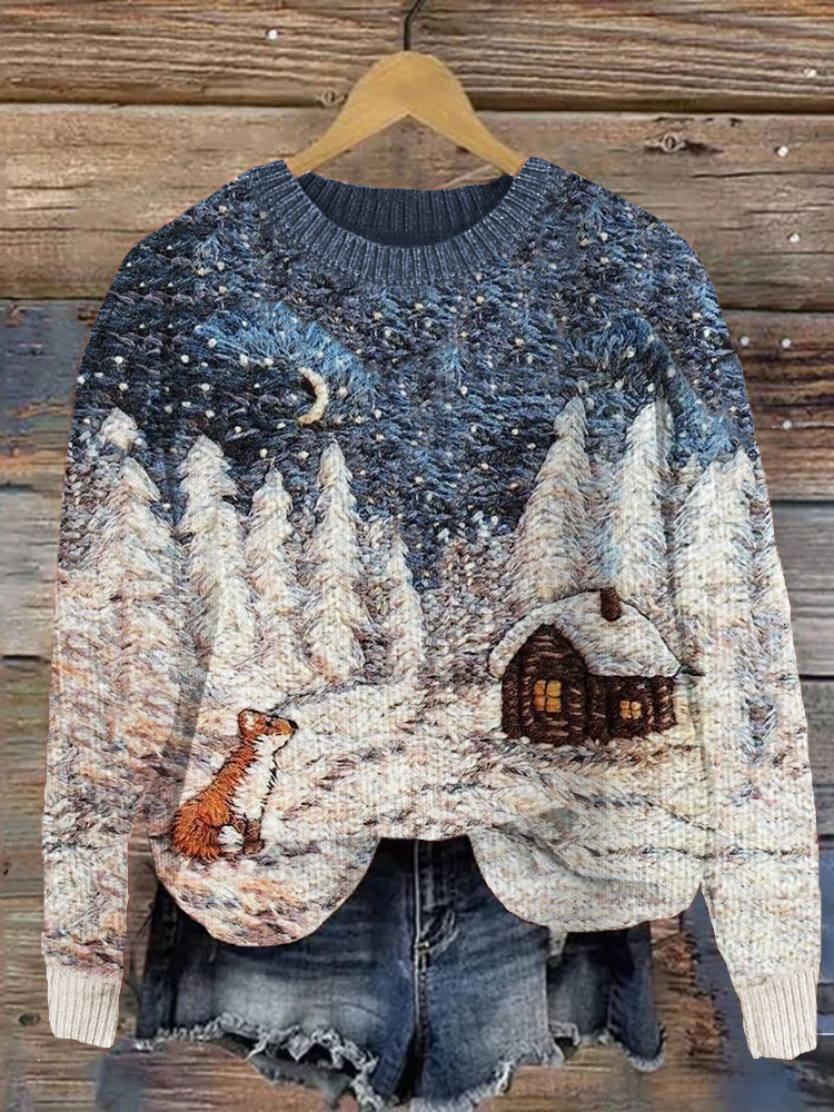 Fox & Cabin Snowy Forest Night Embroidery Art Cozy Sweater – zeninscape