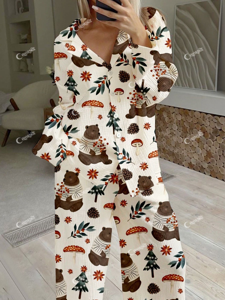 Women's Cute Forest Brown Bear Mushroom Print Cotton Cardigan Set ...