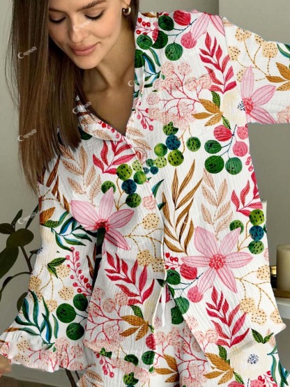 Women's Colorful Plant Leaf Print Ruffle Cardigan Set – ColorDate