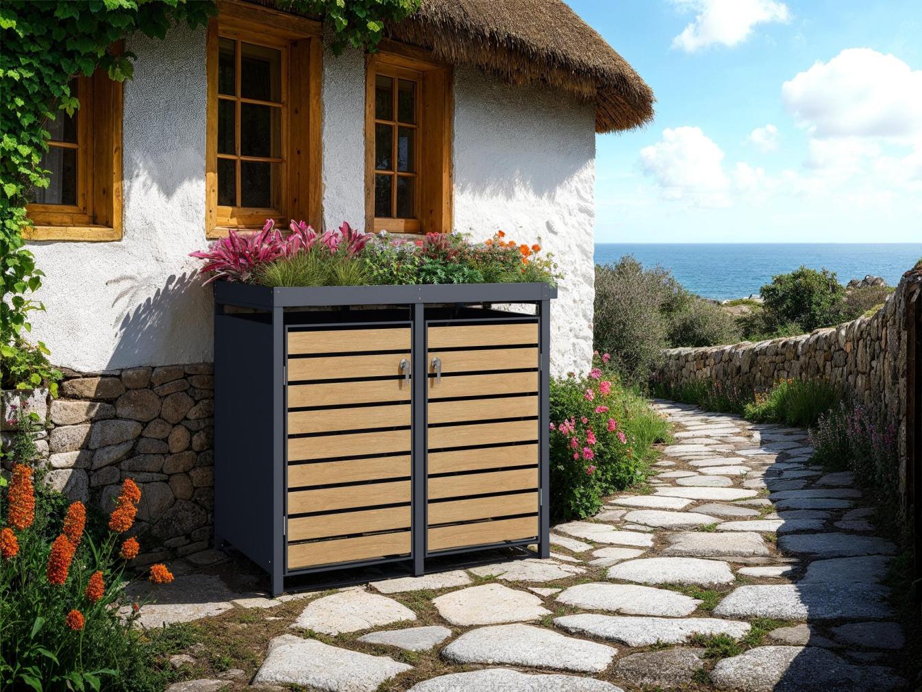 Galvanized Steel Wheelie Bin Cover Wood Effect With Planters | Double ...