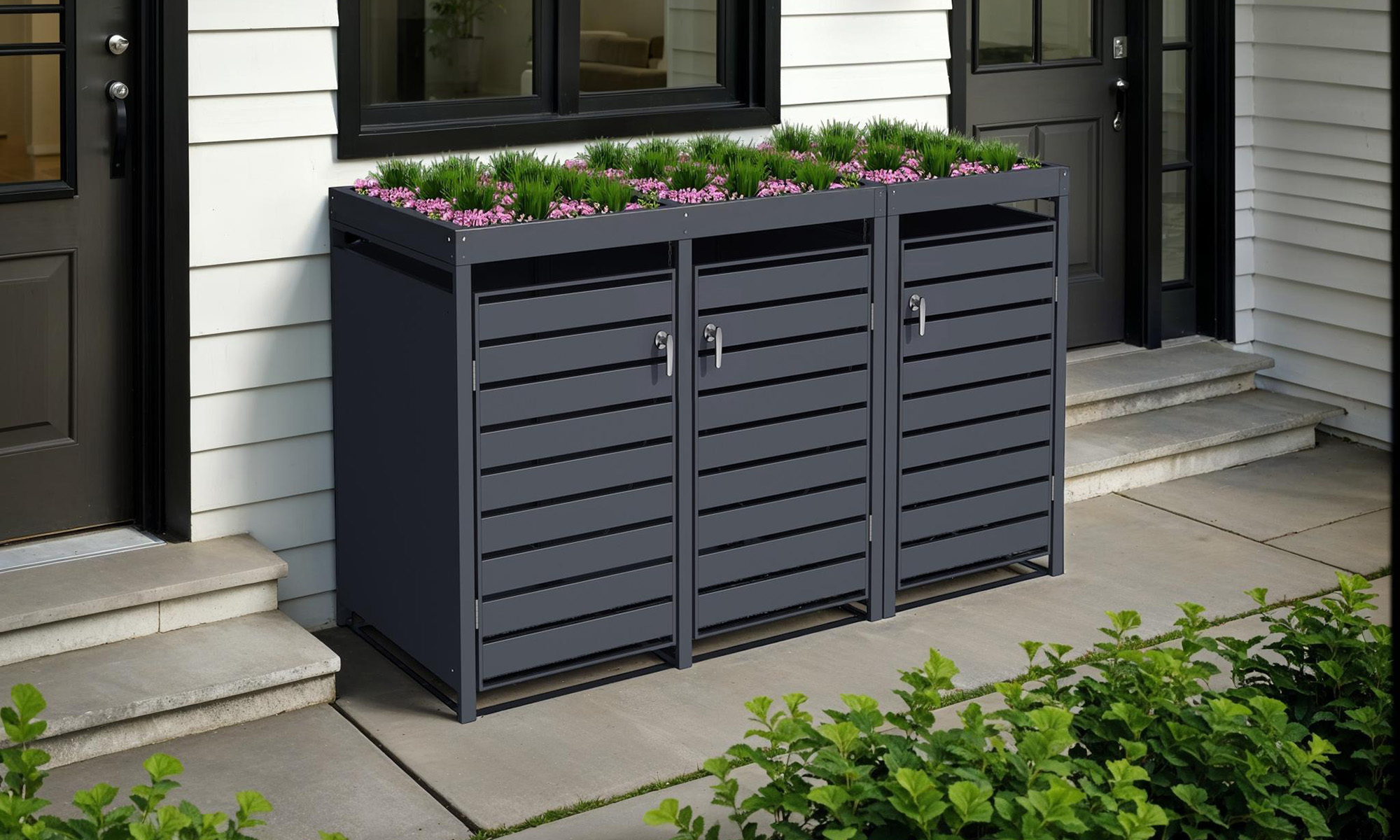 Anthracite Galvanized Steel Wheelie Bin Cover with Planter | Triple ...