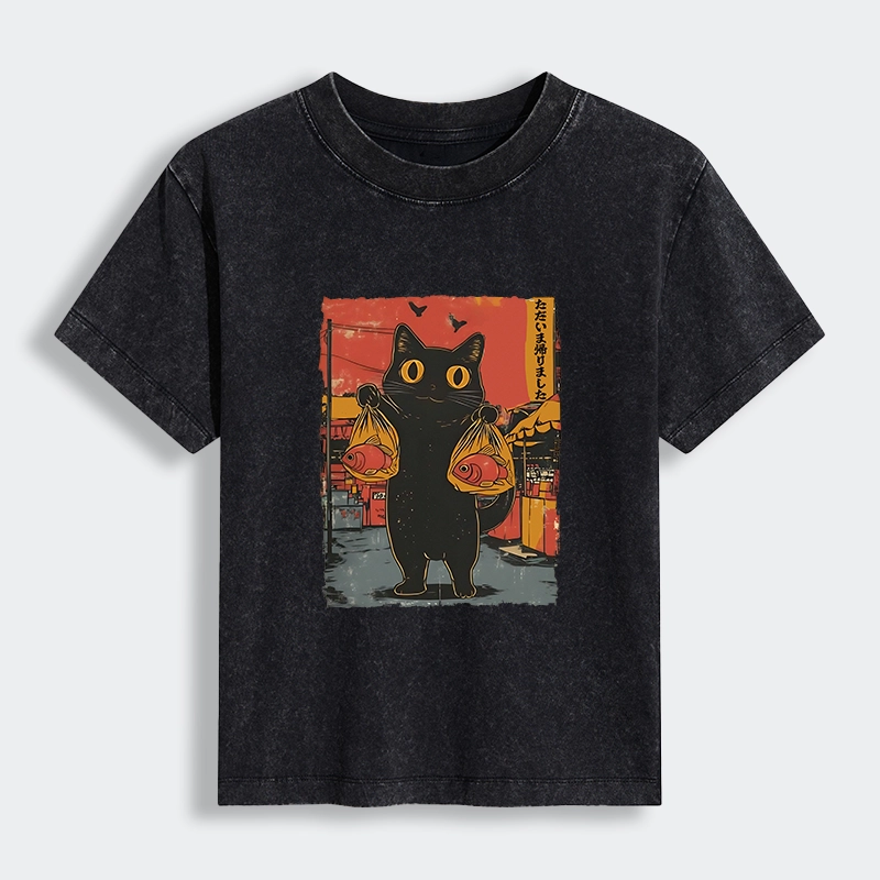 Tokyo-Tiger Cat Fishing Japanese Women's Washed T-shirt – tokyo-tiger