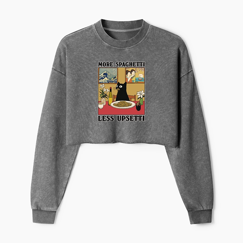 Tokyo-Tiger Cat Eating Pasta Washed Crop Sweatshirt – tokyo-tiger