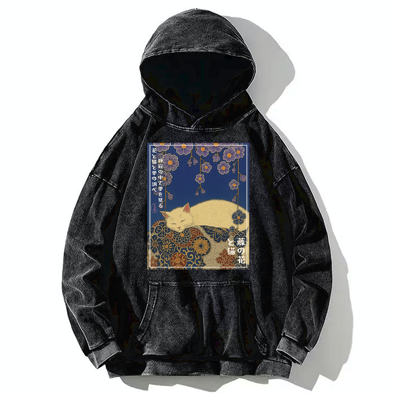 Tokyo-Tiger Ukiyoe Wisteria Flowers and Cats Washed Hoodie – tokyo-tiger