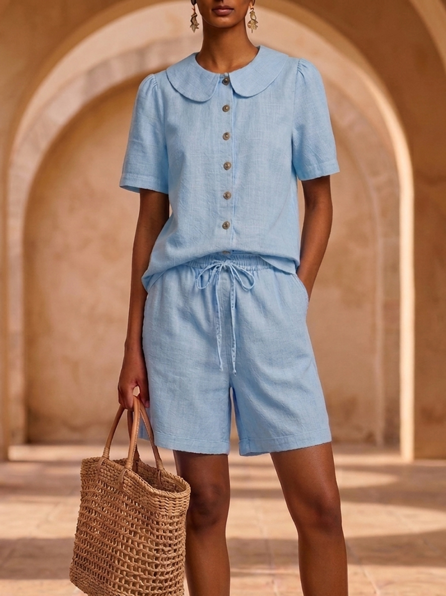 New Arrivals🔥 Stylish Peter Pan Collar Short Shirt and Wide-leg Short ...