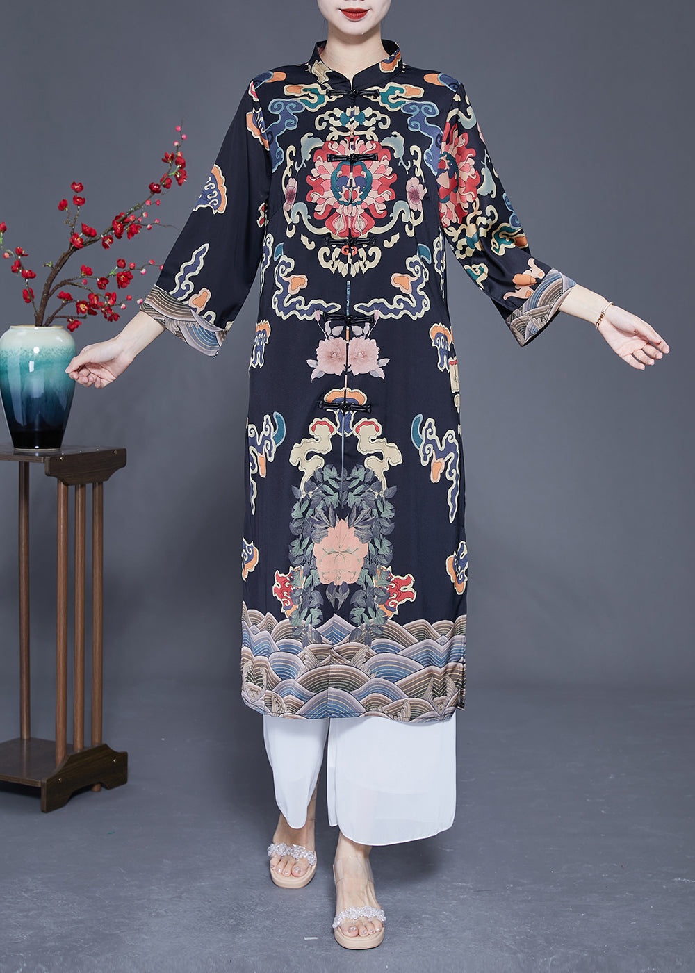 Art Black Mandarin Collar Chinese Button Print Silk Trench Coats Sprin