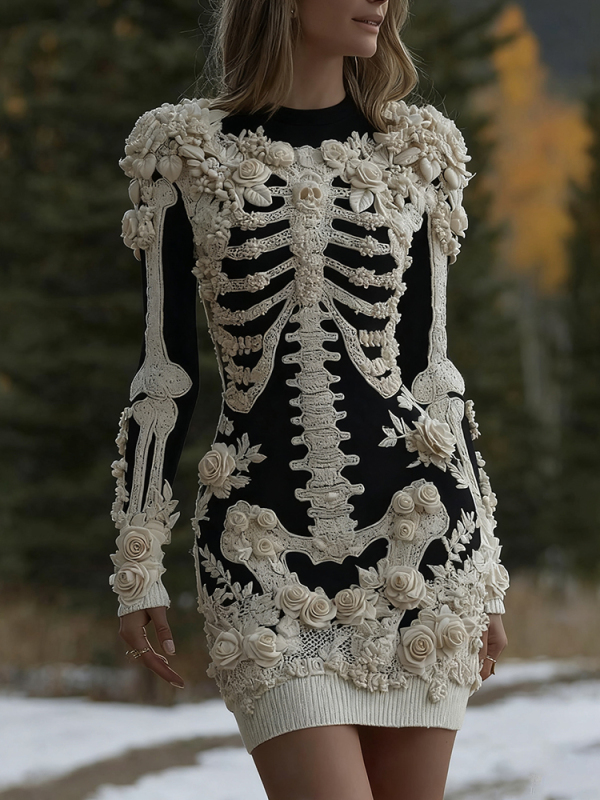 Women's Halloween Skeleton Bones With Rose Art Cozy Knit Mini Sweater ...