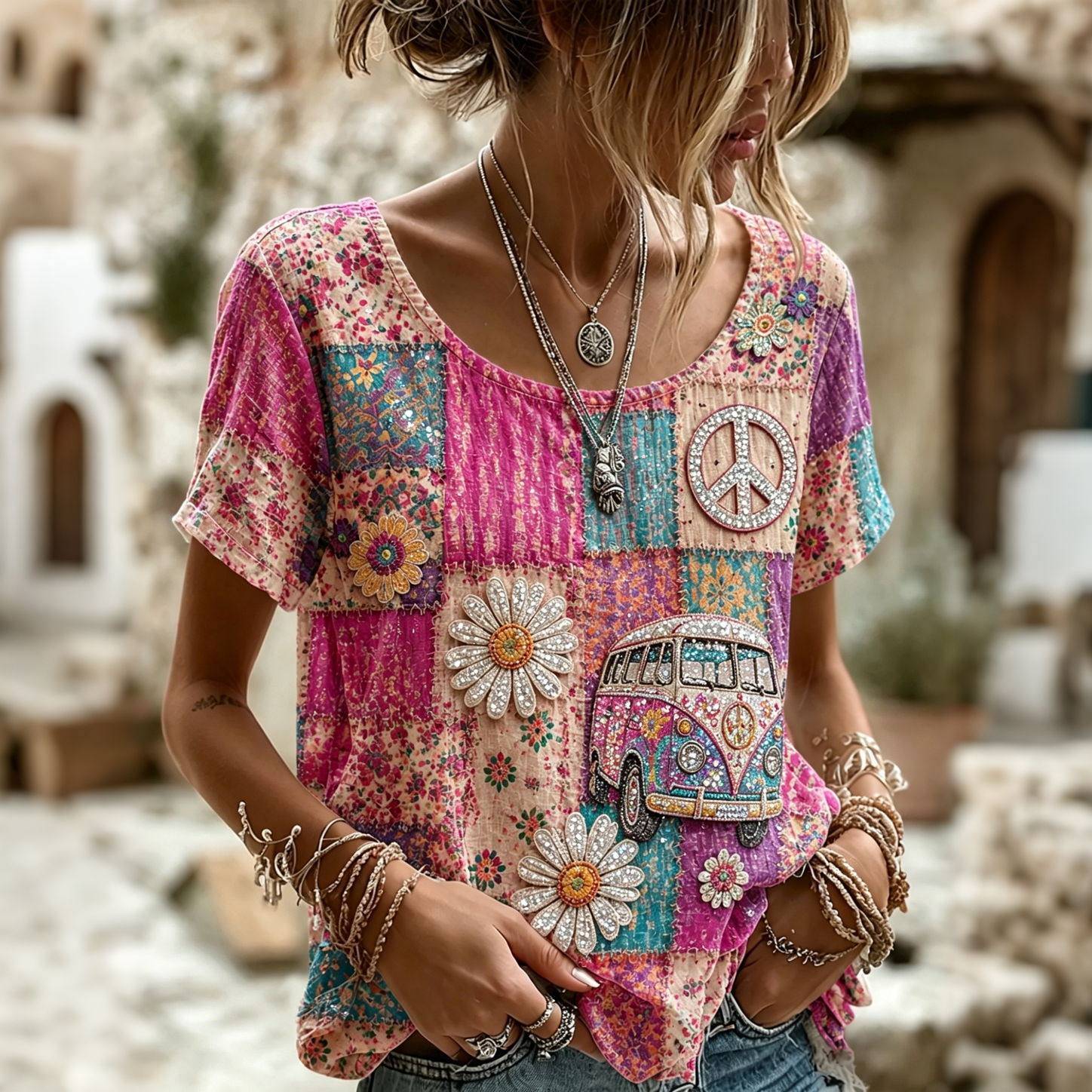 Women's Vintage Hippie Floral Patchwork Art Linen Blend Short Sleeve ...